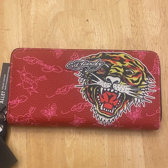 Ed Hardy | Bags | Ed Hardy Red And Pink Tiger Zippered Wallet Multi ...